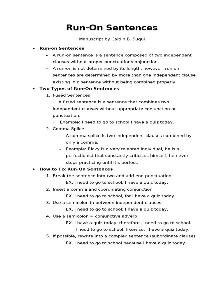 Correcting Run-On Sentences Manuscript | PDF