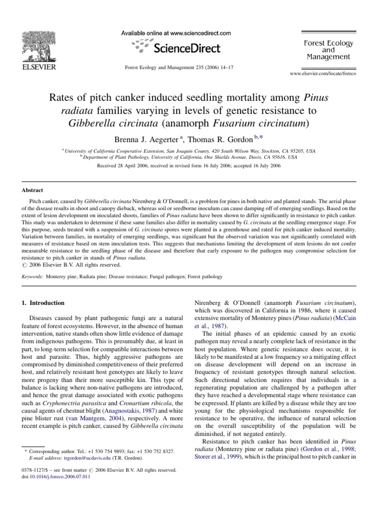Rates of Pitch Canker Seedling Mortality Among Pinus Radiata Families ...
