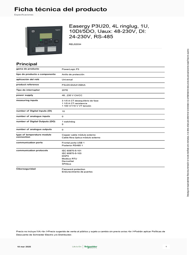 Schneider Electric - Relevadores-de-Protección-PowerLogic-P3 - REL52034 ...