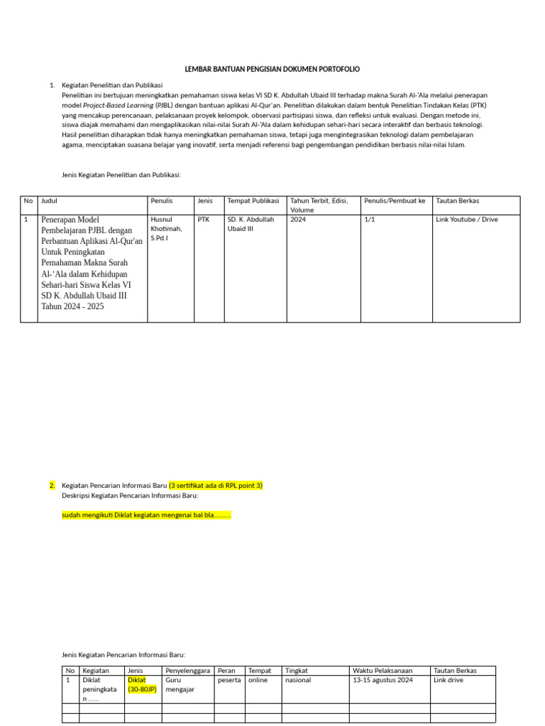 Lembar Bantuan Pengisian Dokumen Portofolio | PDF