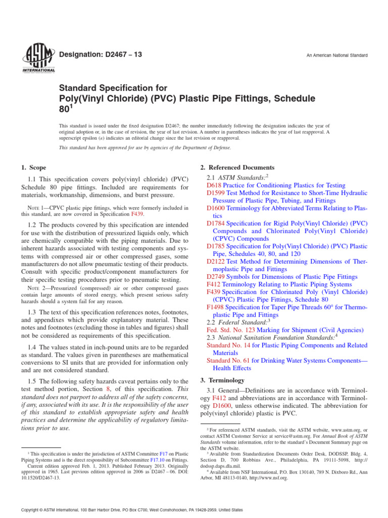 ASTM D2467-13-PVC Pipe Fittings, Schedule 80 | PDF | Pipe (Fluid ...
