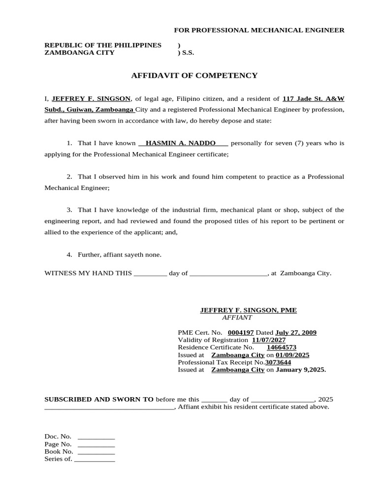 Affidavit of Competency for Engineer | PDF