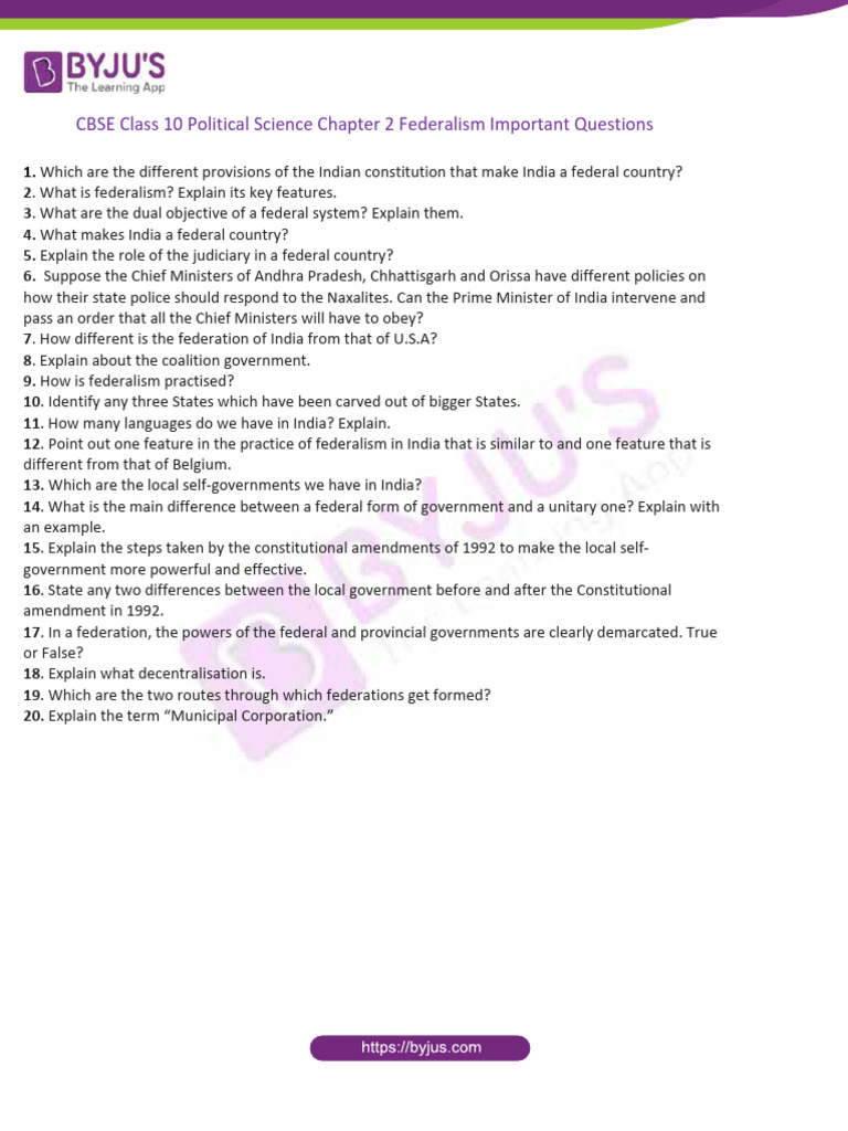 CBSE Class 10 Political Science Chapter 2 Federalism Important ...