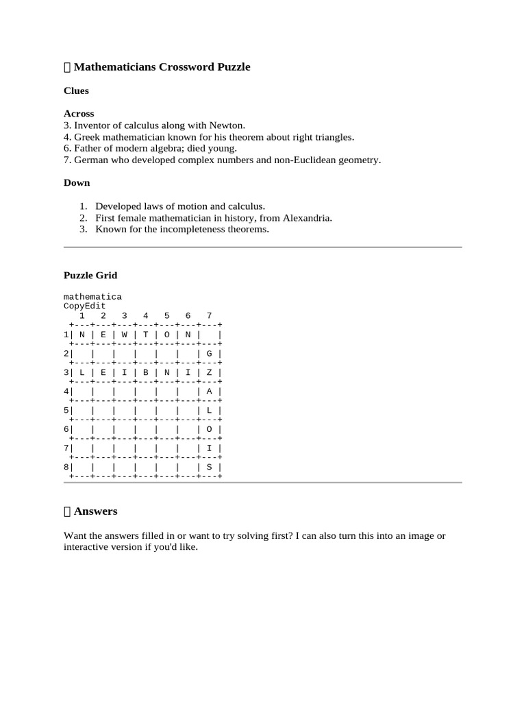 Mathematician Crossword | PDF