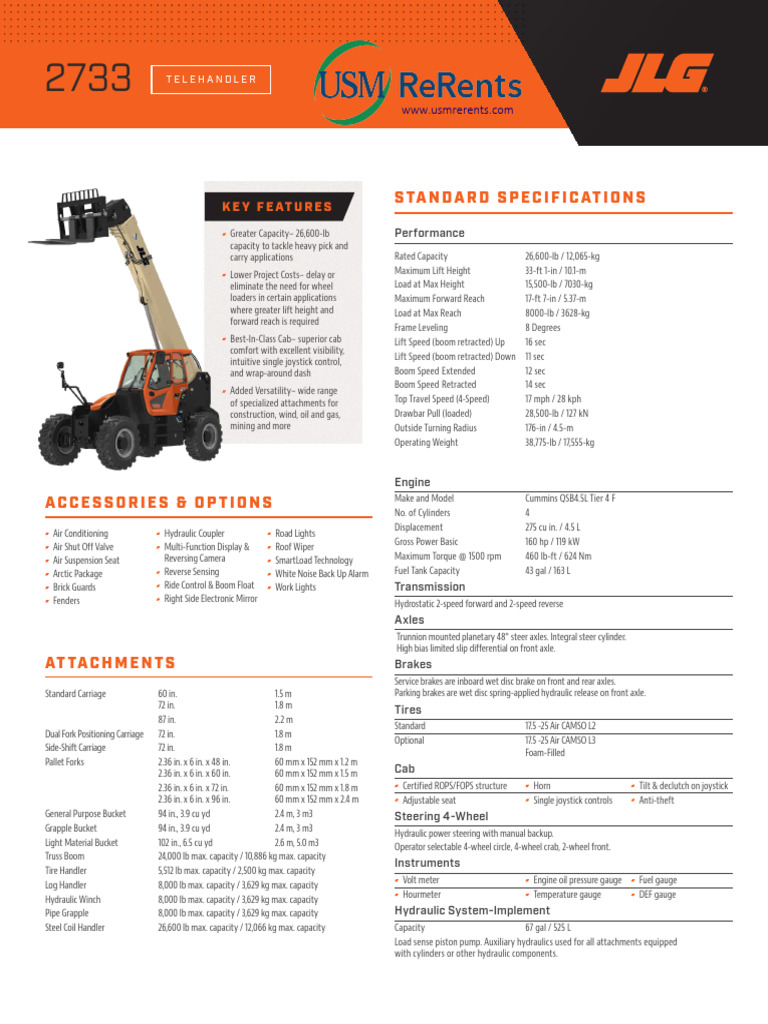 JLG 2733 Telehandler Spec Sheet USM Branded | PDF | Vehicle Technology ...