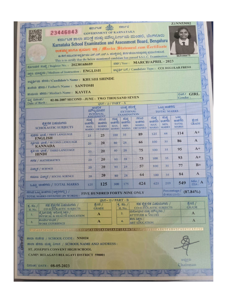 Khushi 10th Marks Card | PDF