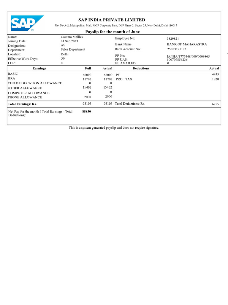 Gautam Mallick Salary Slip - June. | PDF