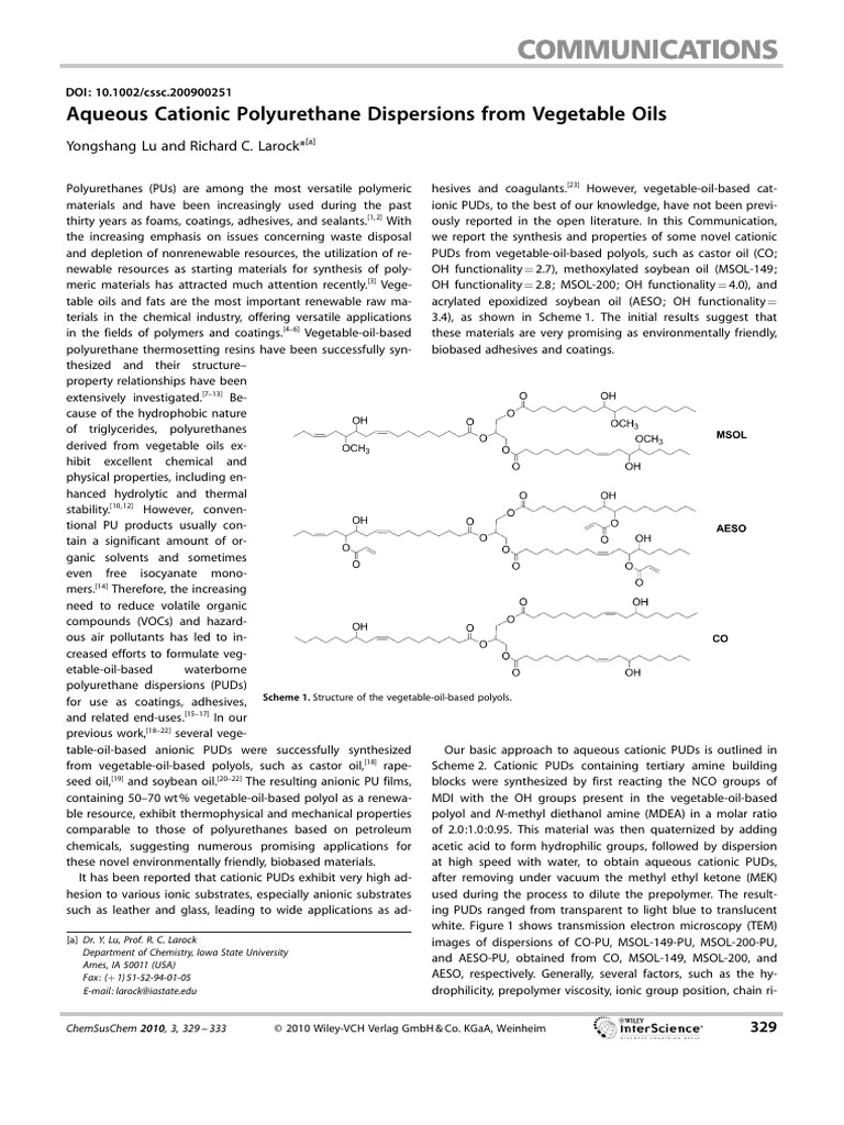 Aqueous Cationic Polyurethane Dispersions From Vegetable Oils | PDF ...