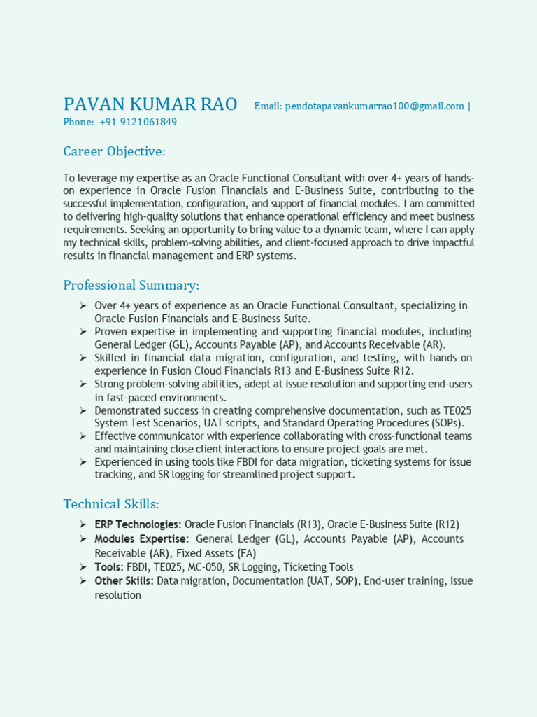 Oracle Fusion Financials Resume | PDF