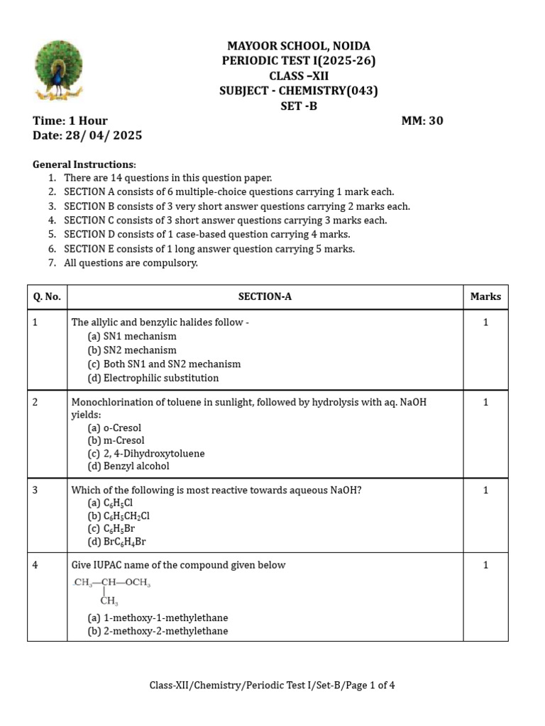 Class XII Chemistry Periodic Test I Set B | PDF | Chemical Reactions ...