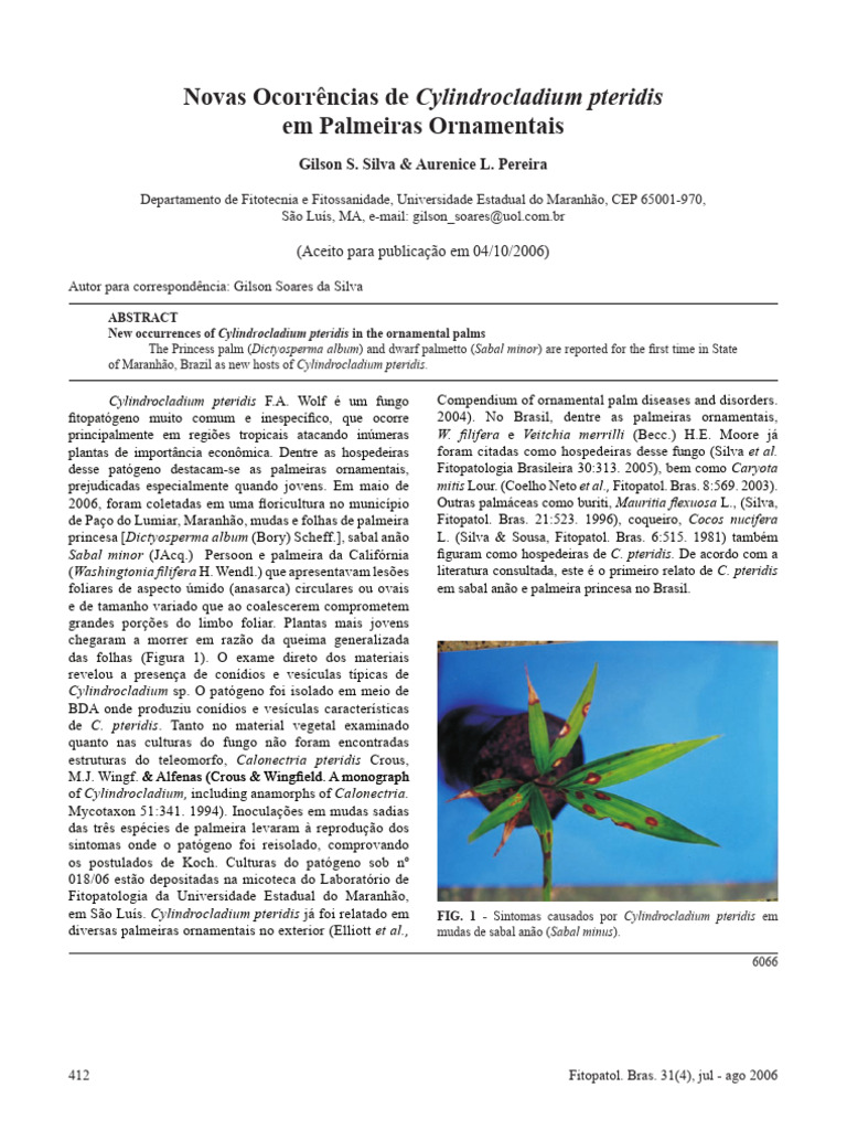 New Occurrences of Cylindrocladium Pteridis in The Ornamental Palms ...
