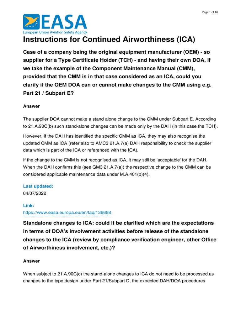 EASA - Instructions For Continued Airworthiness ICA | PDF