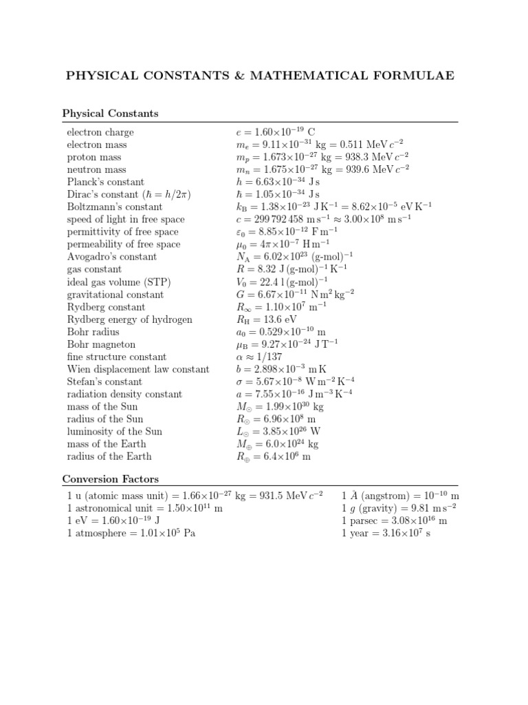 Physical Constants & Mathematical Formulae | PDF