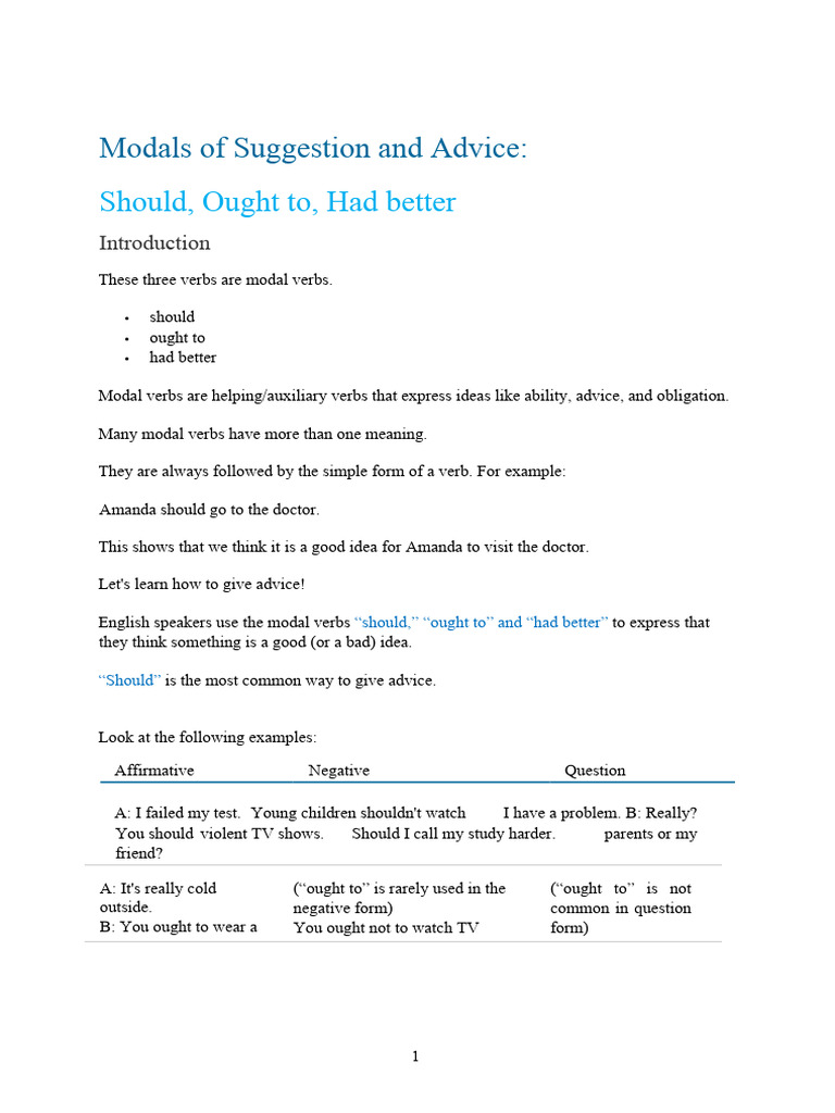 Modals of Advice: Should, Ought to, Had Better | PDF | Grammar ...