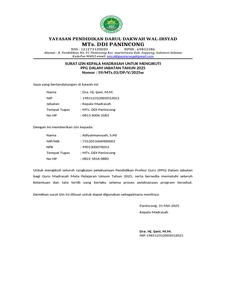 Surat Persetujuan Dari Kepala Madrasahsekolah | PDF