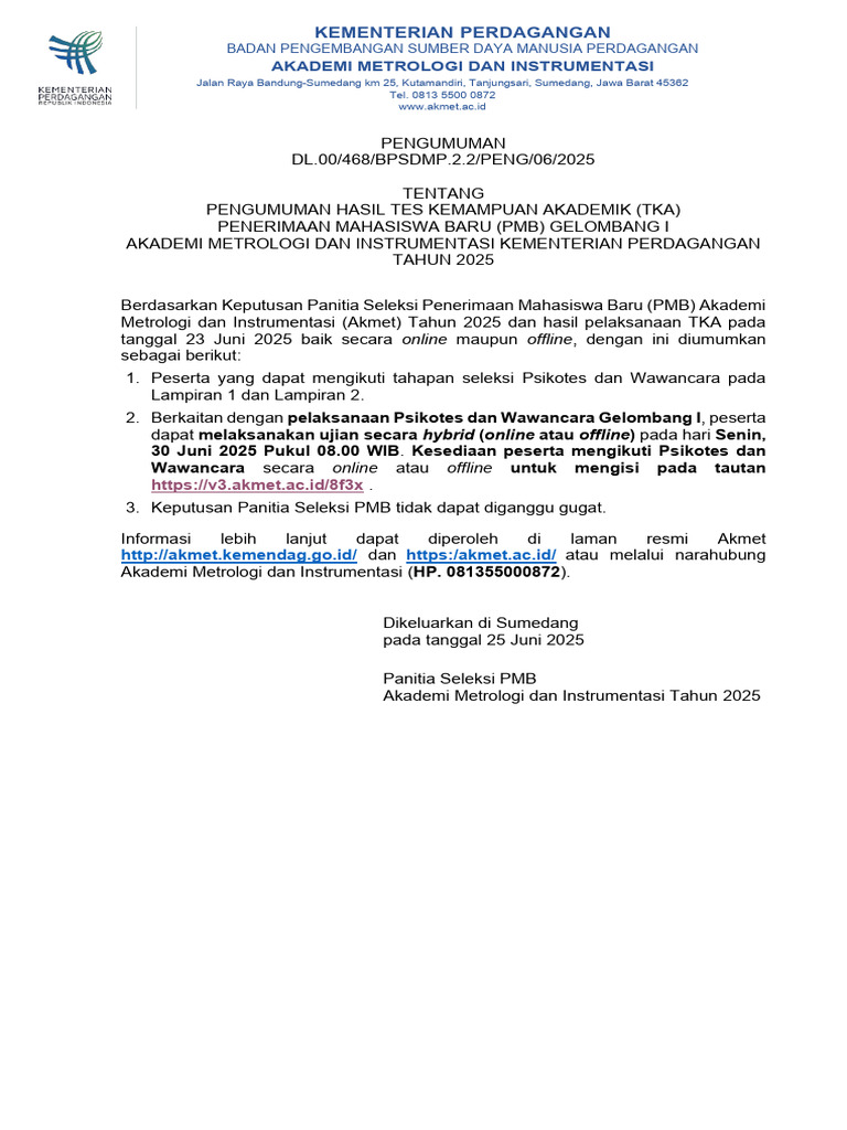 Pengumuman Hasil TKA 2025 PMB Akmet | PDF
