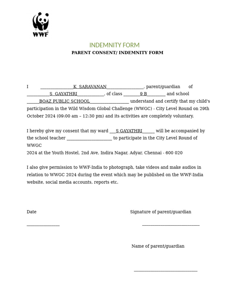 Chennai - Indemnity Form (Students) - WWGC2024 | PDF