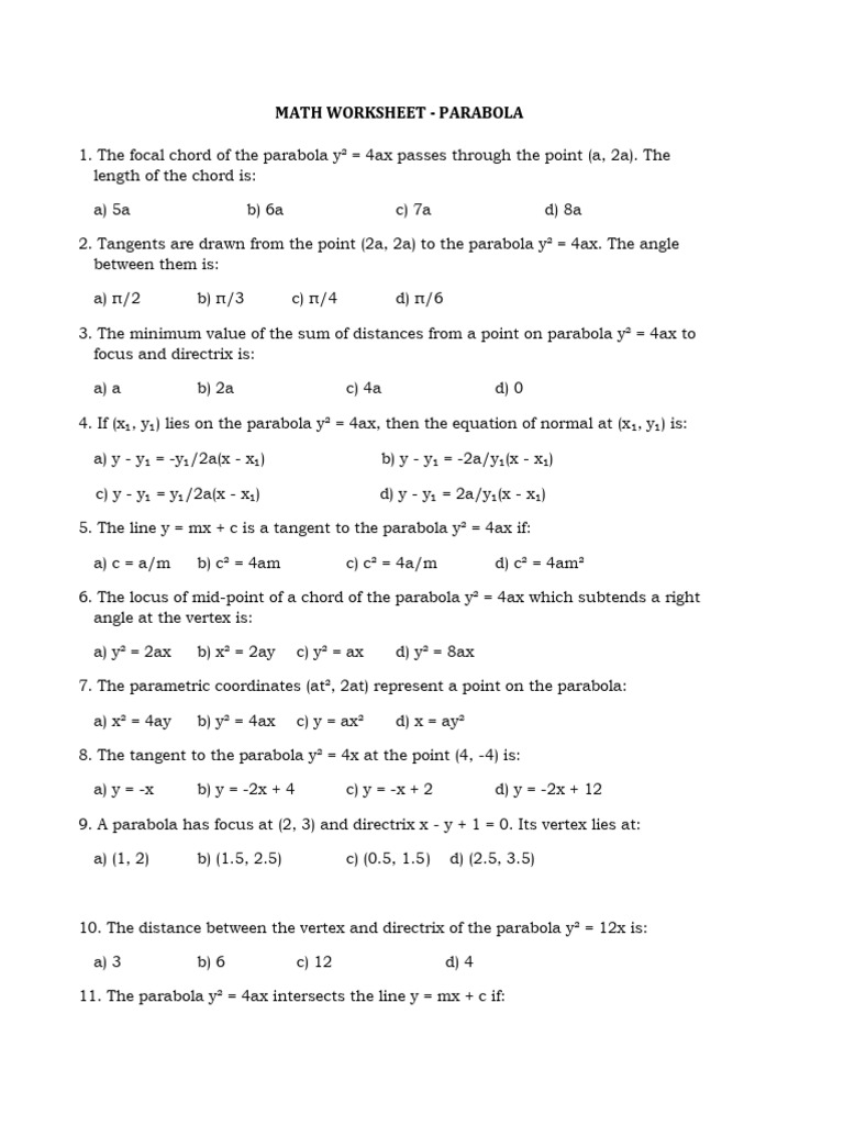 Parabola Problems Worksheet | PDF | Classical Geometry | Differential ...