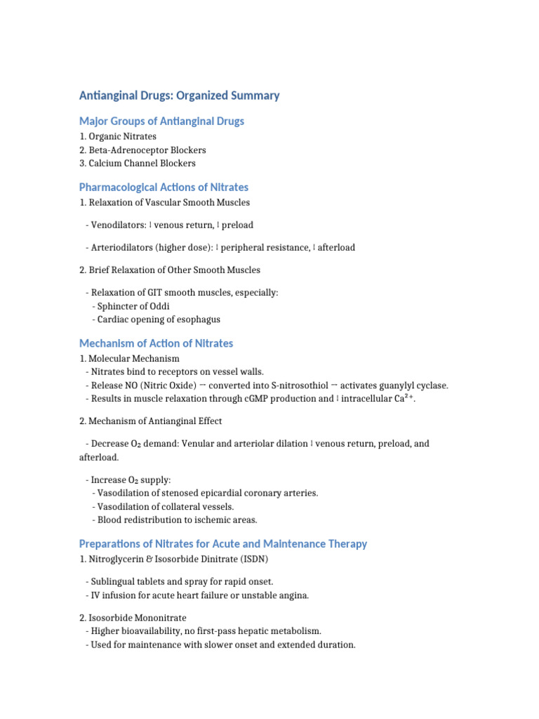 Antianginal Drugs Summary | PDF | Heart | Cardiovascular System