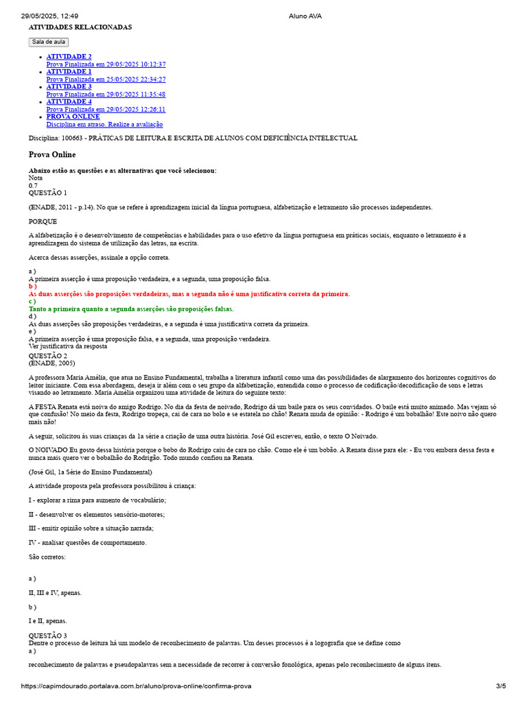 Aluno AVA 4 PRÁTICAS DE LEITURA E ESCRITA DE ALUNOS COM DEFICIÊNCIA INTELECTUAL | PDF | Inclusão ...