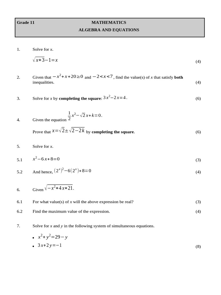 Grade 11 MATHS Questions | PDF | Mathematics | Algebra