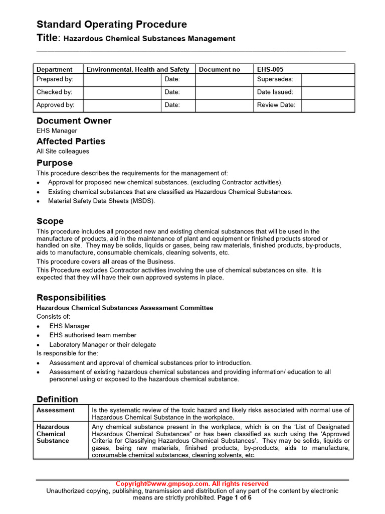 Hazardous Chemical Management SOP | PDF | Dangerous Goods | Hazards