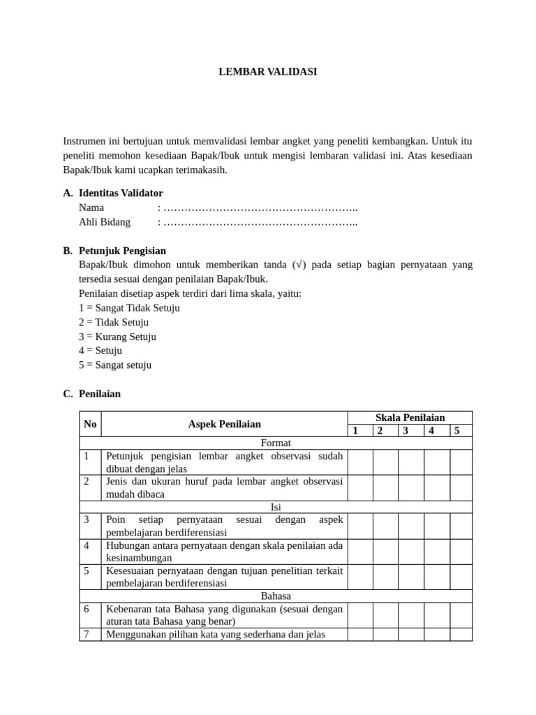 Lembar Validasi Angket Observasi | PDF