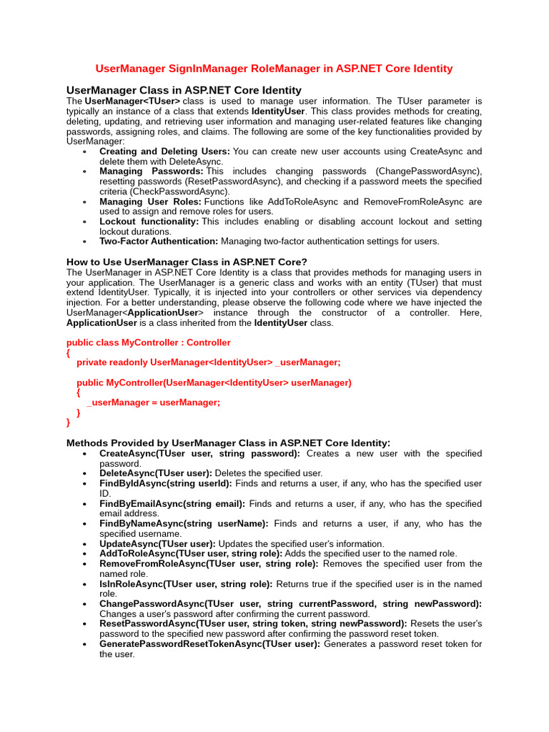 Part - 4 UserManager SignInManager RoleManager in ASP NET Core Identity | PDF | Password ...