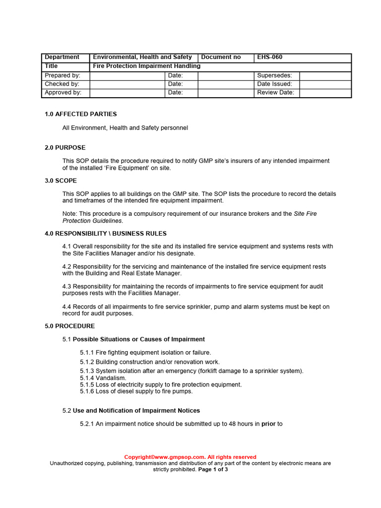 EHS 060 Fire Protection Impairment Handling Sample | PDF | Firefighting ...
