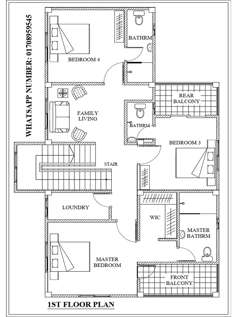 1st Floor Plan with Bedrooms and Balconies | PDF