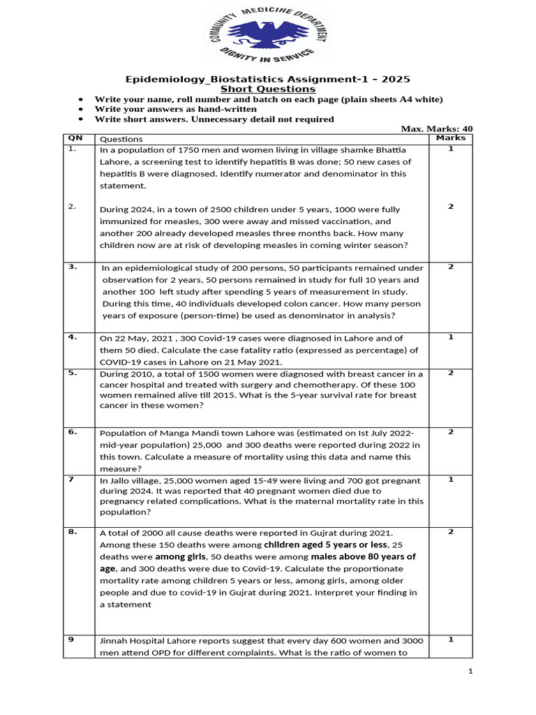 EPidemiology - Biostatistics Assignment 1 (Class Assignment 3) 2025 | PDF | Cancer | Mortality Rate