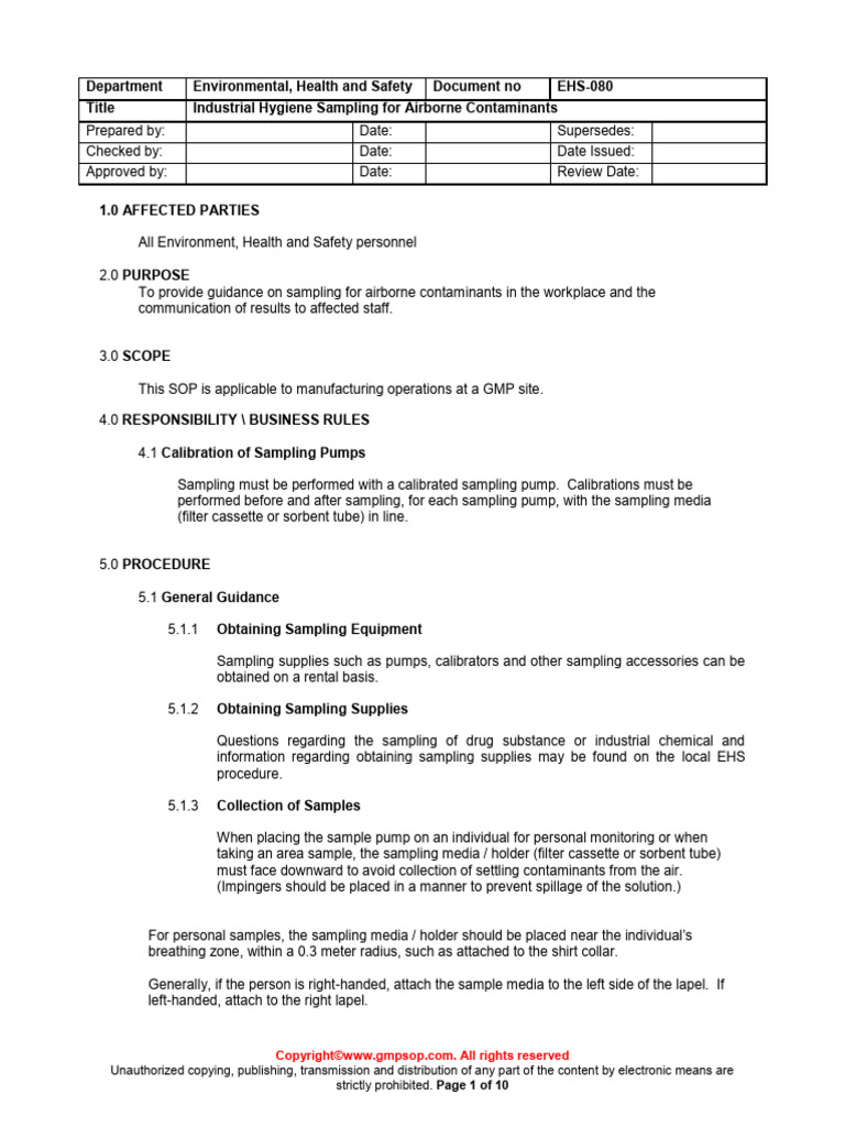 EHS 080 Industrial Hygiene Sampling For Airborne Contaminants Sample ...