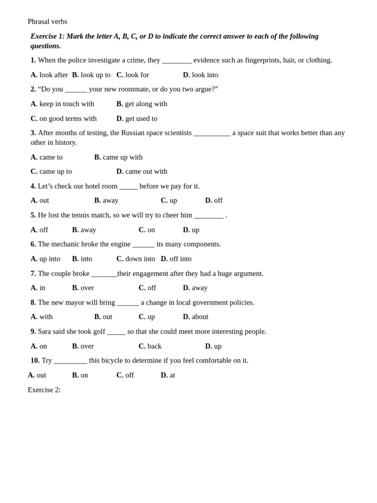 Phrasal Verbs Practice Exercises | PDF