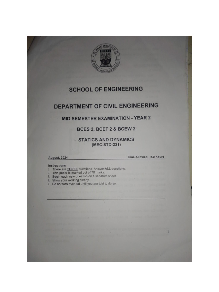 Statics and Dynamics Mid Sem 2024 | PDF