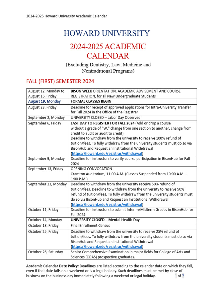 Howard University Academic Calendar 2024-25 | PDF | Academic Term ...