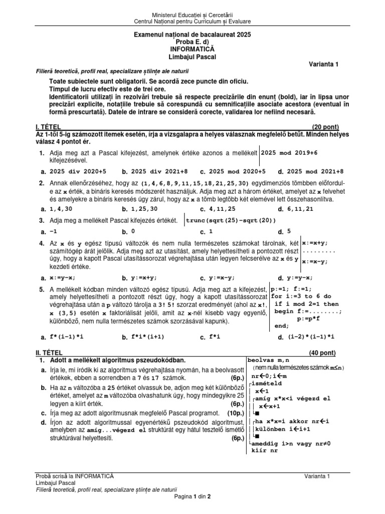 E D Informatica 2025 SP SN Pascal Var 01 LMA | PDF