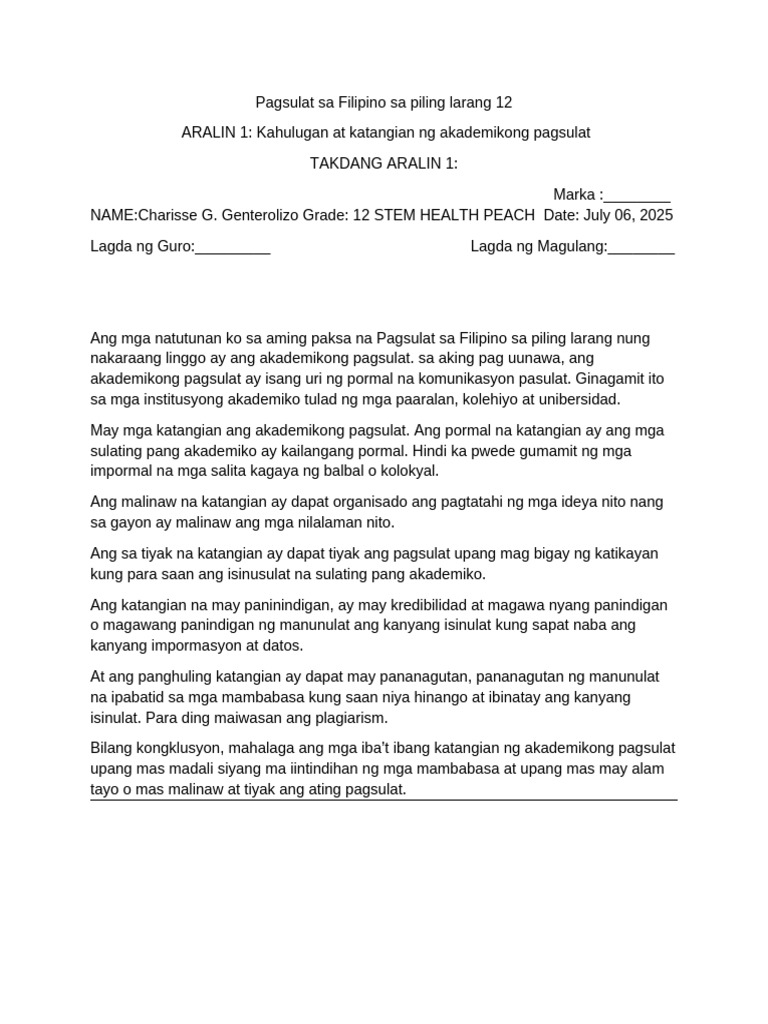 Pagsulat 12 Assignment 1.1 | PDF