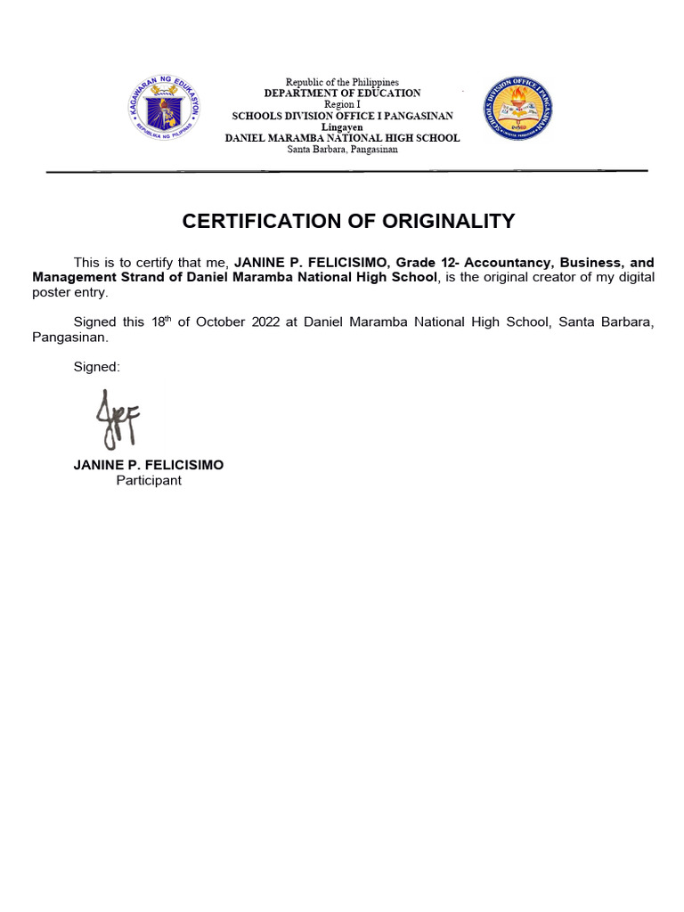 Certification of Originality | PDF