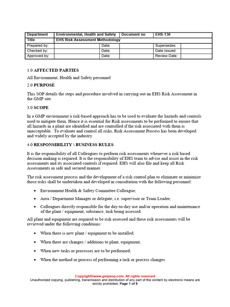EHS Risk Assessment Methodology Guide | PDF | Risk Assessment | Risk