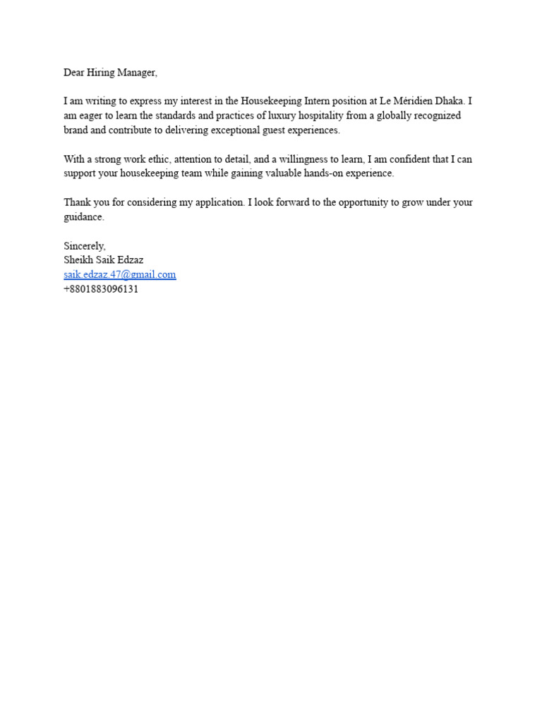 Housekeeping Intern Application Letter | PDF