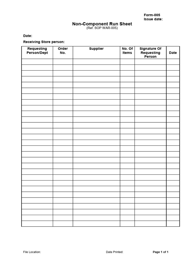 Form 005 Non Component Run Sheet | PDF