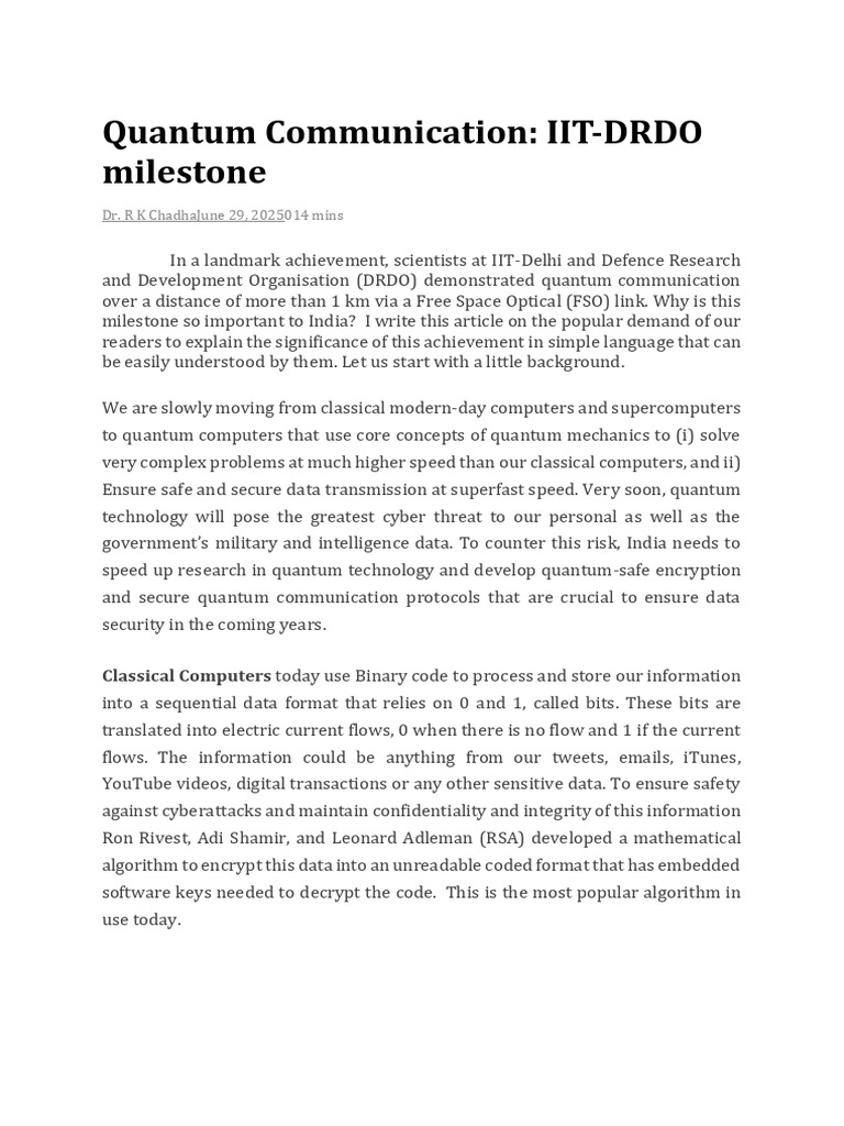 IIT-DRDO Quantum Mechanics Mile Stone | PDF | Quantum Computing | Encryption