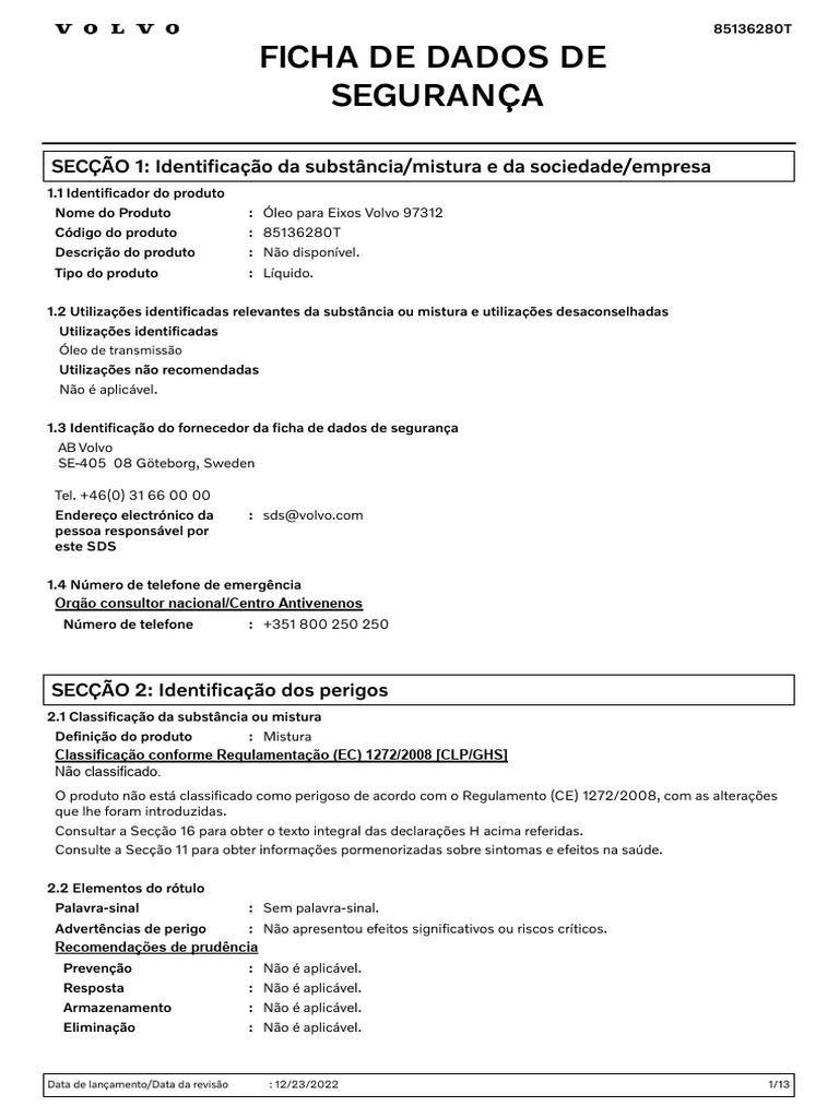 Óleo para Eixos Volvo 97312 - SDS | PDF | Poluição do ar | Desperdício