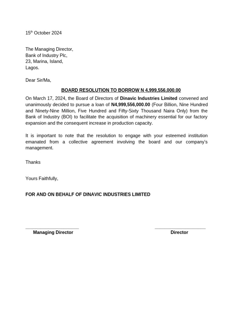Board Resolution Letter | PDF