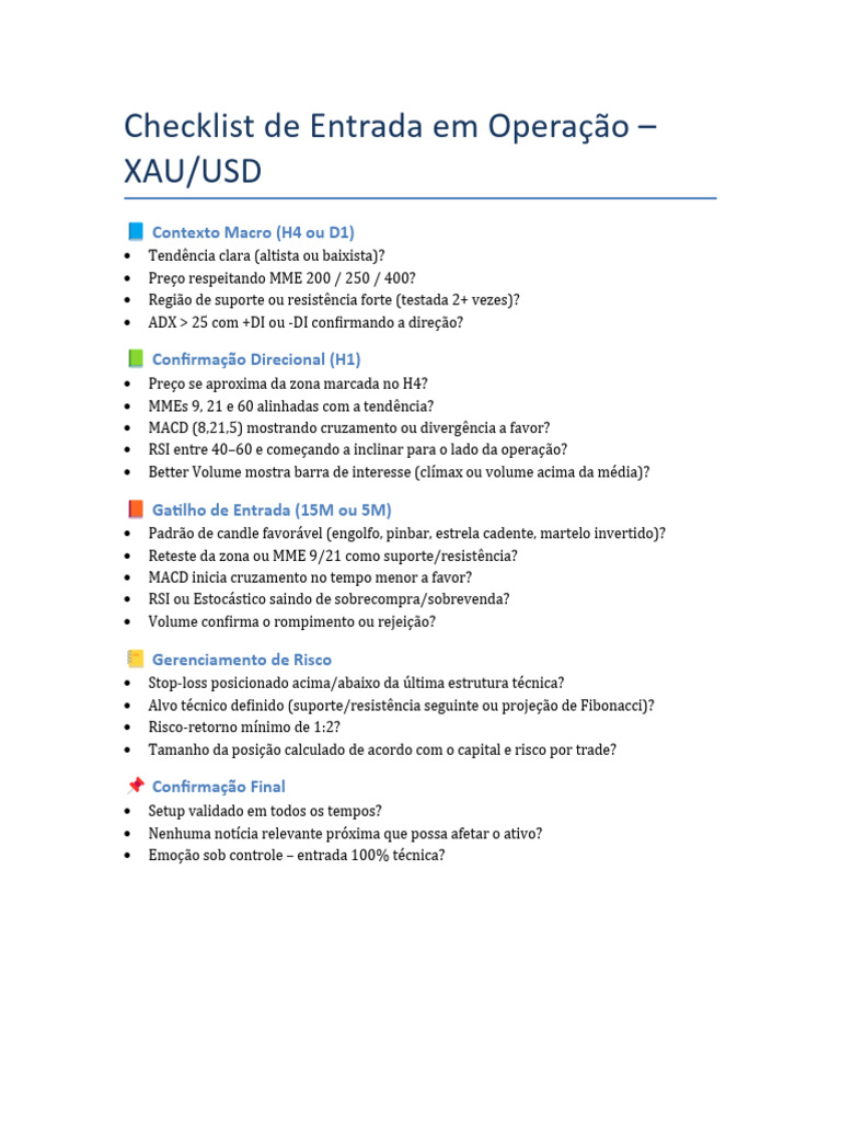 Checklist Impressao Entrada XAUUSD | PDF