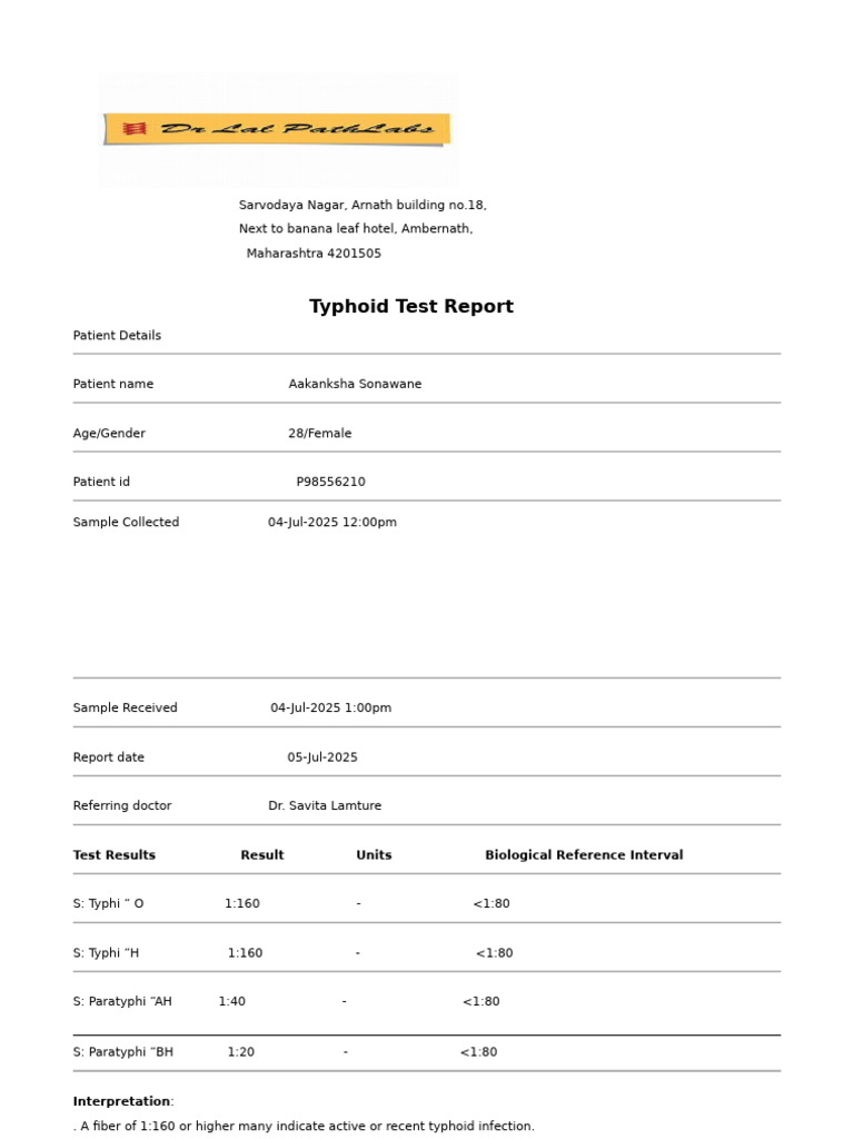 Typhoid Test Report for Aakanksha Sonawane | PDF