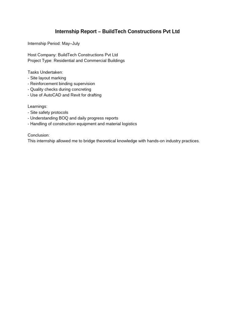 Internship Report - BuildTech Constructions PVT LTD | PDF
