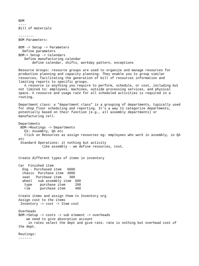 BOM Setup and Routing Overview | PDF