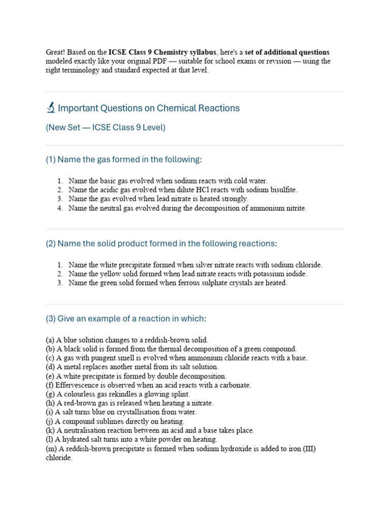 ICSE Class 9 Chemistry Exam Questions | PDF