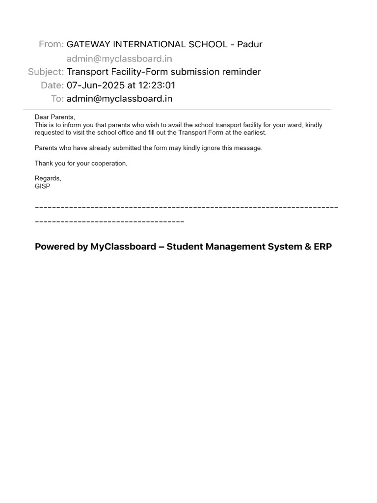 Transport Facility-Form Submission Reminder | PDF